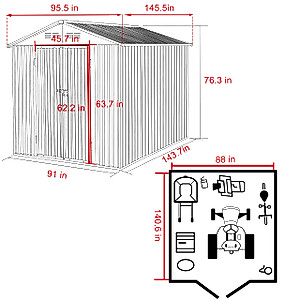VEIKOU 8 x 12 FT Storage Shed, Outdoor Shed with Thickened Galvanized Steel, Lockable Door, Air Vents, Sheds & Outdoor Storage for Patio, Grey