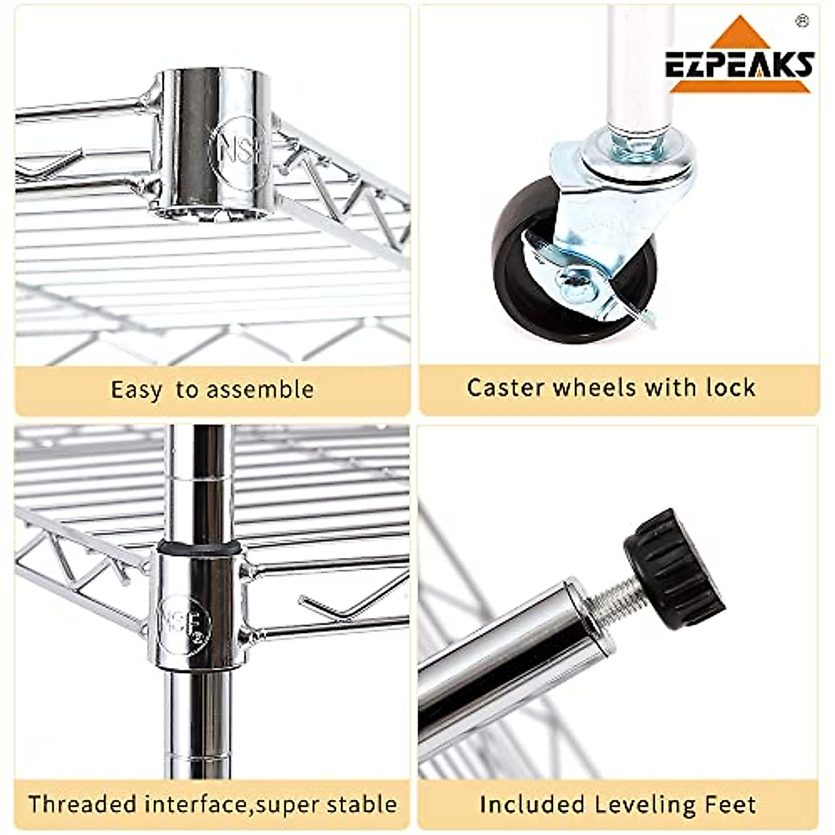 EZPEAKS 2-Pack Chrome 5-Shelf Shelving Units and Storage Rack on Wheels with 5-Shelf Liners, NSF Certified, Adjustable Matel Wire Shelving Unit Rack for Garage, Kitchen, Office, (63H X 30W X 14D)