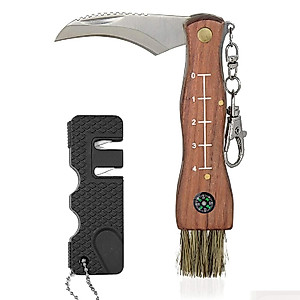 CABUGE Mushroom Knife with Brush & Sharpener, Folding Pocket knife with Wood Handle & Clip for Men Women, Folding Knives for Outdoor Camping