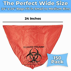 No Leak, Hospital Grade Biohazard Waste Bags 150 Pk. 10 Gallon, 24" Red Trash Liner With Hazard Symbol For Infectious Waste Disposal. Best Small Lab Can Liners for Labeling Biohazardous Trash Safely