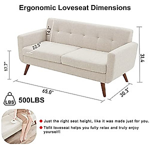 Tbfit 65" W Loveseat Sofa, Mid Century Modern Decor Love Seat Couches for Living Room, Button Tufted Upholstered Small Couch for Bedroom, Solid and Easy to Install Love Seats Furniture, Beige