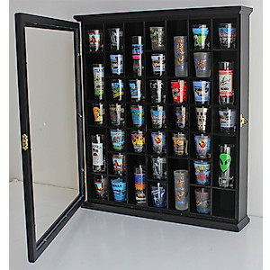 41 Shot Glass Display Case Holder Bar Collection Cabinet Wall Rack Shadow Box with Glass Door Black