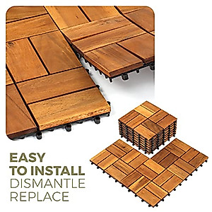 Wood Interlocking Flooring Tiles (Pack of 10, 12" x 12"), Solid Wood Acacia Deck Tiles Interlocking, Patio Tiles Outdoor Interlocking Waterproof All Weather (8 slat, Natural Color)