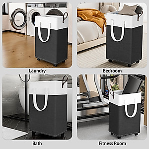 HomeHacks Laundry Basket with Wheels, Rolling Laundry Hamper, Collapsible & Waterproof Clothes Hamper, Narrow Corner Clothes Bins with Extended Handles for Clothes in the Family & Dorm (75L, Grey)