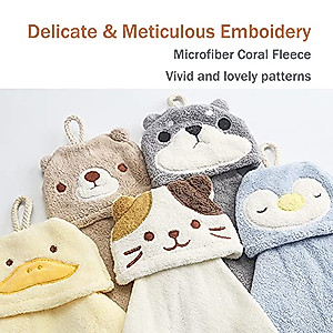 5 Pack Cute Towels with Hanging Loop, Children Hand Towel Animals, Microfiber Coral Fleece Absorbent Hand Towel for Kitchen Bathroom Bedroom (5pcs)