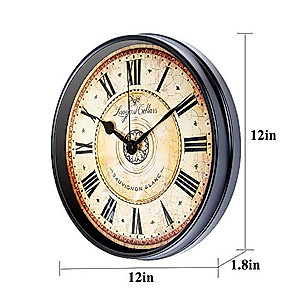 JUSTUP Wall Clock, 12 inch Metal Black Wall Clock European Style Retro Vintage Clock Non - Ticking Whisper Quiet Battery Operated with HD Glass Easy to Read for Indoor Decor (Black 12')