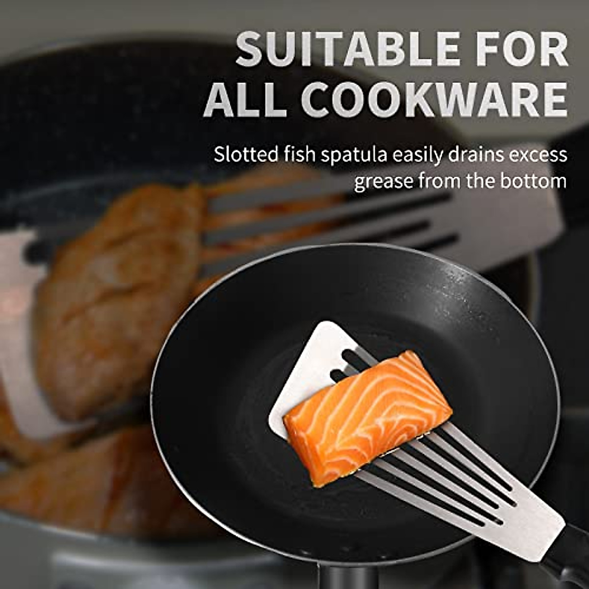 2pcs Fish Spatula, Broppiey heavy duty Stainless Steel Metal Spatulas for Cast Iron Skillet, Griddle, Flat Top Grill, Slotted Fish Turner Spatula Can Flipper Egg Pancake Hamburger, Hanging Hole Black
