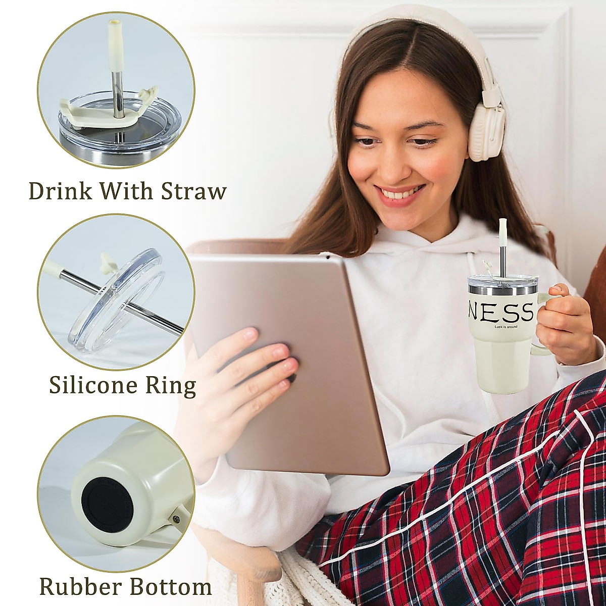 21 oz Insulated Coffee Mug Tumbler with Handle, Stainless Steel Travel Mug Tumbler with Lid and Straw, Coffee Travel Mug Spill Proof with Lid for Keep Hot/Ice Coffee, White