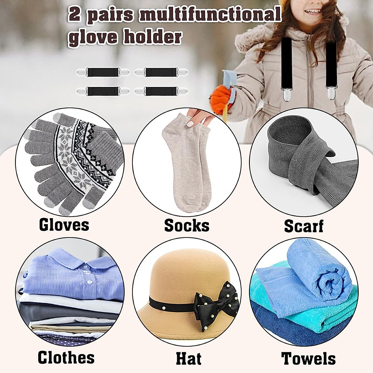 Zkptops 2 Pairs Mitten Clips for Kids Toddlers Baby Elastic Glove Clips Winter Mitten Clips Gloves Holder Strap Hook Attachment String Clothes Dress Cinch Clips Shirt Shawl Sweater Waist Clips (Black)