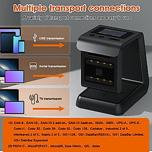 Alacrity 2D QR Wireless Hands-Free Omnidirectional Desktop Barcode Scanner, with Screen Display and Large Capacity Batteries, Compatible with Bluetooth & 2.4GHz Wireless, for Airport, Supermarket