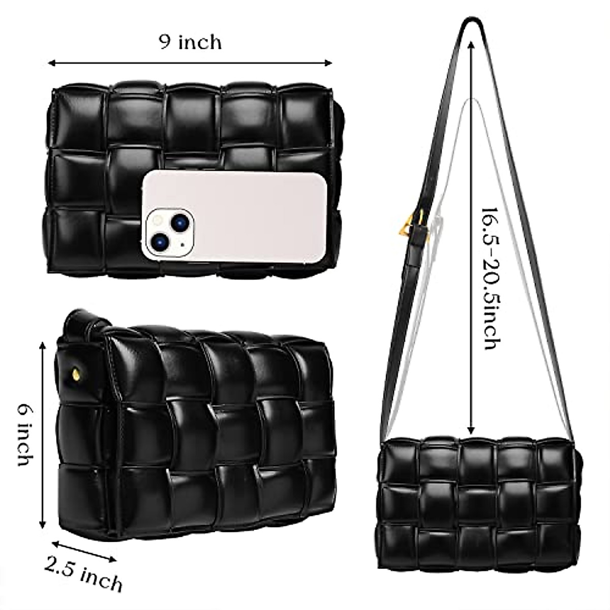 ZooLLyn Woven Padded Cassette Crossbody Trend Shoulder Bag for Women Clutch Bag Square Purse Hand Bag Black