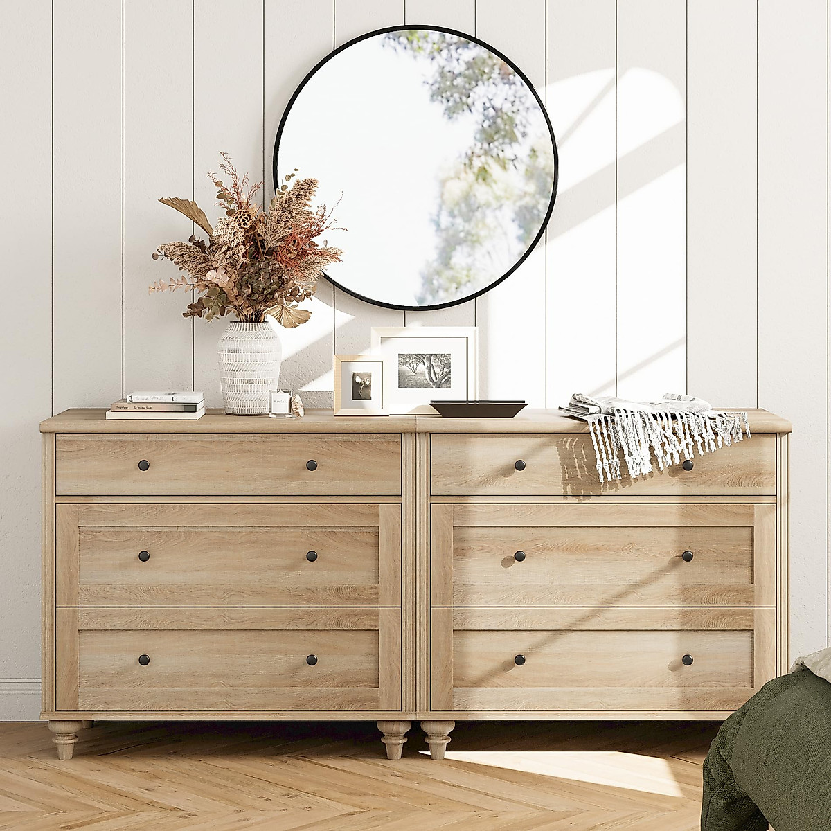 WAMPAT Dresser for Bedroom with 6 Drawers, Oak Kids Dressers with Wide Chest of Drawers, Mid Century Modern Wooden Closet Storage Organizer, Large Wood Dressers for Living Room, Nursery, Hallway