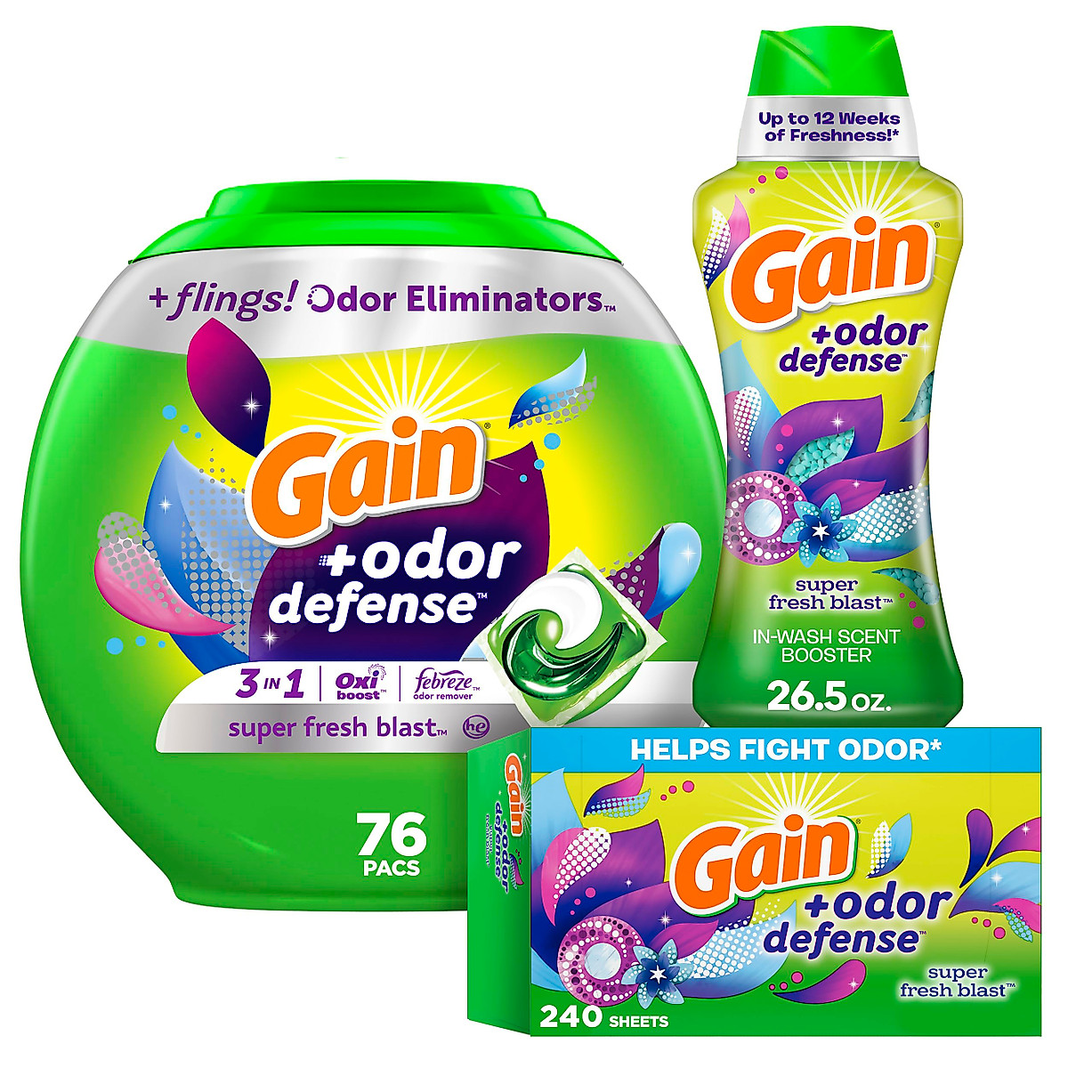 Gain flings Laundry Detergent Pacs with Odor Defense, Super Fresh Blast, 76 Ct + Gain + Odor Defense Scent Booster Beads, Super Fresh Blast, 26.5oz + Gain Dryer Sheets, Super Fresh Blast, 240 Ct