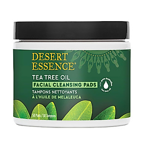 Desert Essence Tea Tree Oil Facial Cleansing Pads - Makeup Remover, Facial Cleanser & Toner with Organic Lavender & Chamomile - Travel-Friendly Personal Wipes for Clarifying Skin Care - 50 Pads