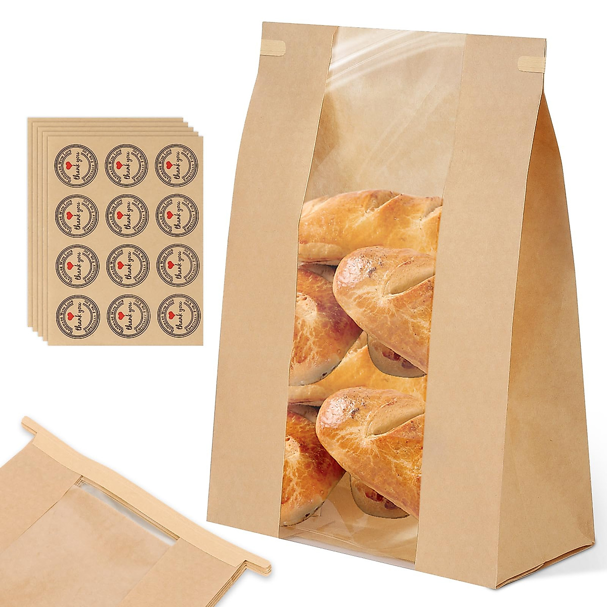 30-Pack Paper Bread Bags for Homemade Bread Sourdough Bread Bags with Tin Tie Tab Lock, Large Kraft Paper Bread Loaf Bag with Clear Window and Label Seal Stickers for Baked Food Packaging Storage