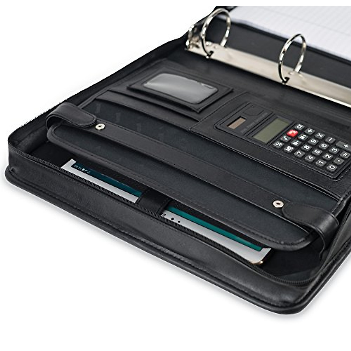 Samsill Professional Padfolio/Portfolio with Zippered Closure Case, 2 Inch Removable Round Ring Binder, Retractable Handles, Interior 10.1” Tablet Sleeve, Black