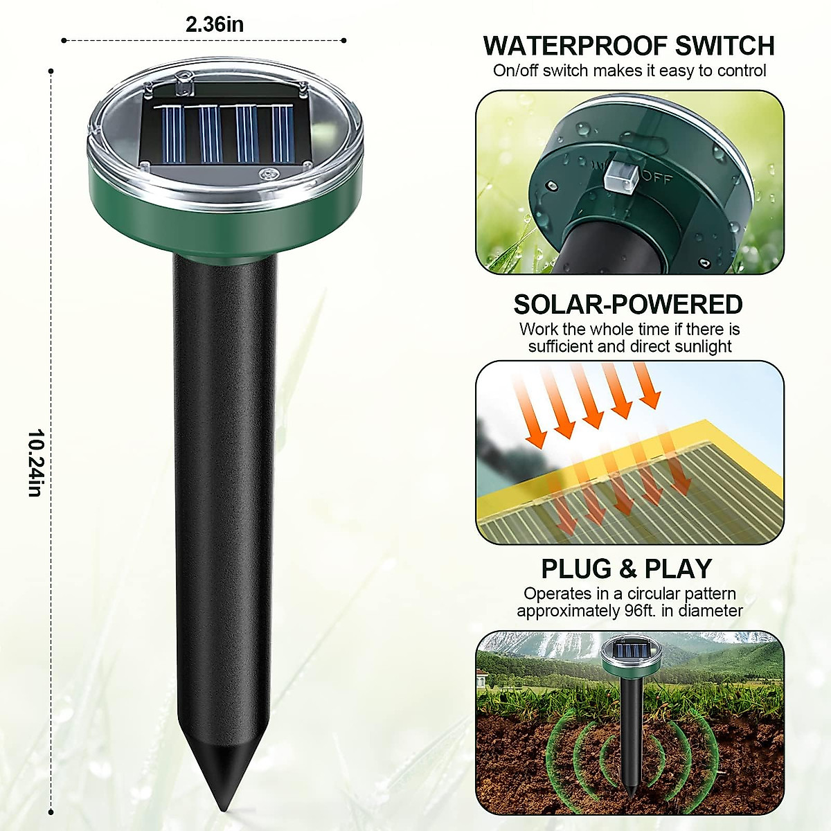 Mole Repellent Solar Powered 10 Pack Snake Repellent Ultrasonic, Groundhog Repeller,Gopher Repeller Sonic Mole Deterrent Spikes, Snake Gopher Mole Vole Repellent Outdoor for Lawn Garden & Yard