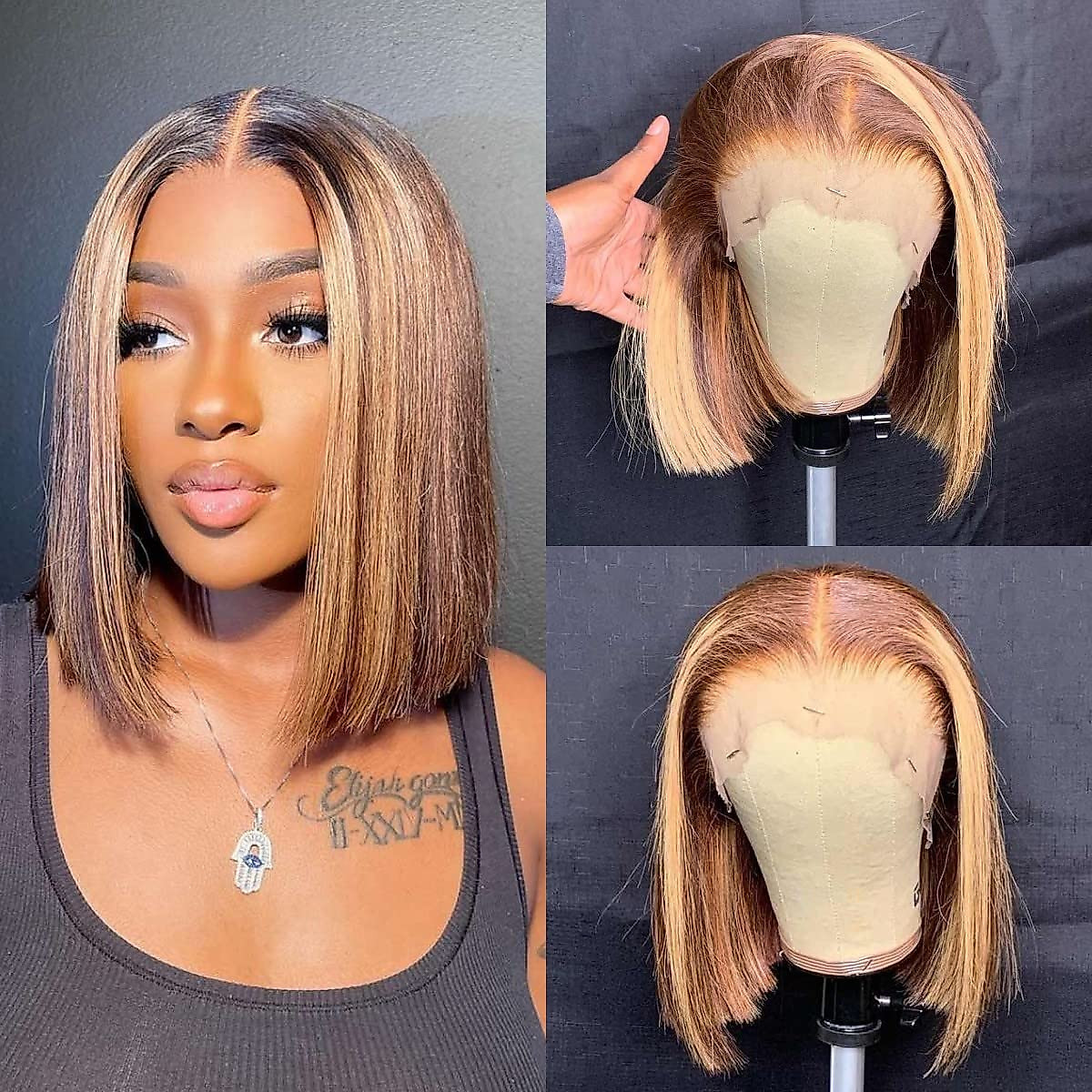U&A 13x6 Deep Part HD Highlight 27 Colored Short Bob Human Hair Brazilian Invisible Lace Front Wigs Pre Plucked With Natural Baby Hiar Human Hair Wigs for women Daily and Party Use