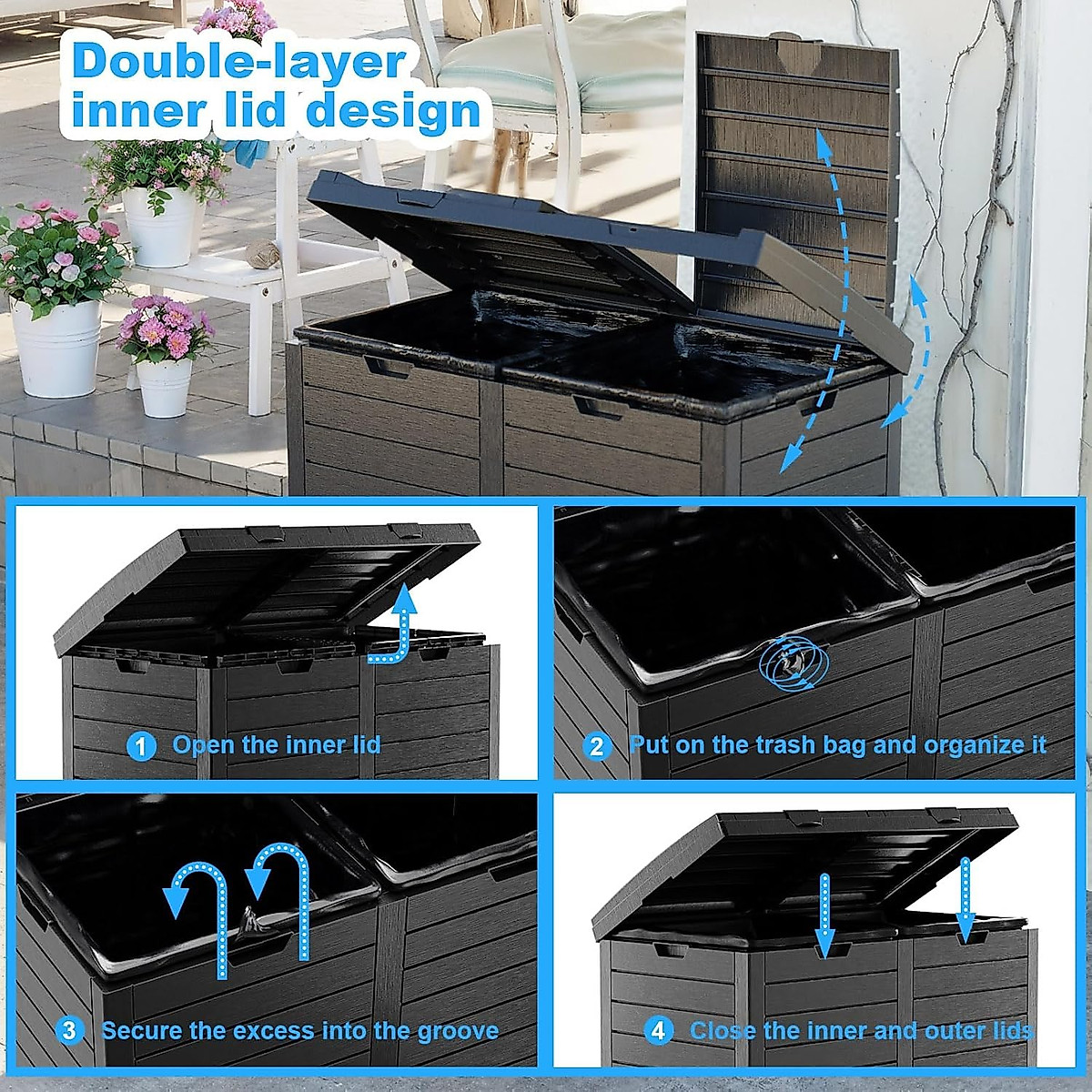 MAIUSCOLI Outdoor Trash Can with Lid, Outdoor Trash Bin & Pull-Out Liquid Drawer, Dual Lid Closure Design, Waterproof Resin Garbage Can Container for Patio, Backyard, Deck (Black)