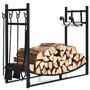 Goplus Firewood Rack with Tool Set, 36” Fireplace Log Holder W/Kindling Holders, Shovel, Poker, Tongs, Brush, Indoor & Outdoor Wood Stacker Lumbar Storage Organizer for Wood Stove, Fireside, Fire Pit