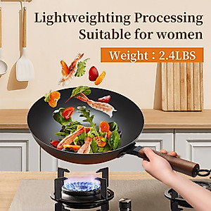WANGYUANJI Iron Wok 12.6 inches,Wooden Handle Chinese Iron Pot Carbon Steel Wok Non-Coated Stir Fry Pan,Suitable for Home Cooking, Compatible with Induction, Gas, and Electric Ceramic Cooktops