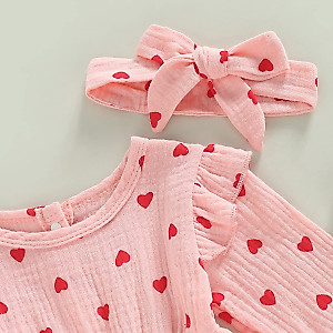 WASAIGOOD Newborn Baby Girls Cotton Linen Romper Dress Long Sleeve Heart Print Valentine's Day Onesie Outfits with Headband (Pink,6-12 Months)