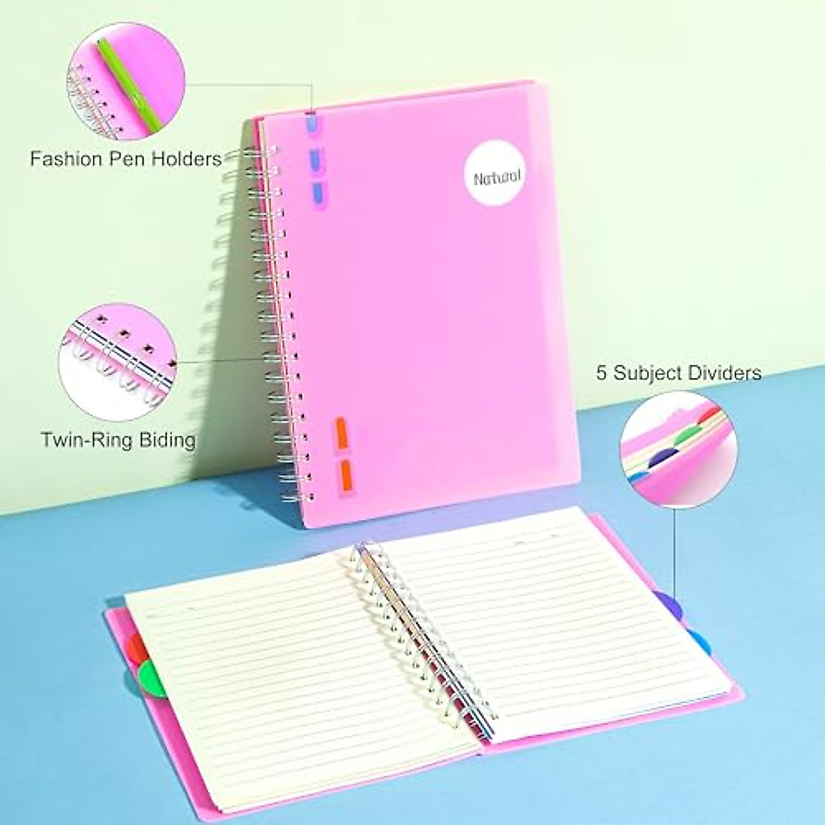 Yoment 5 Subject Notebook with Tabs Dividers Small Spiral Notebook, 6" X 8" Lined Journal Notebooks for School Office Work, 206 Pages Notebooks for Women Men School Meeting,Purple