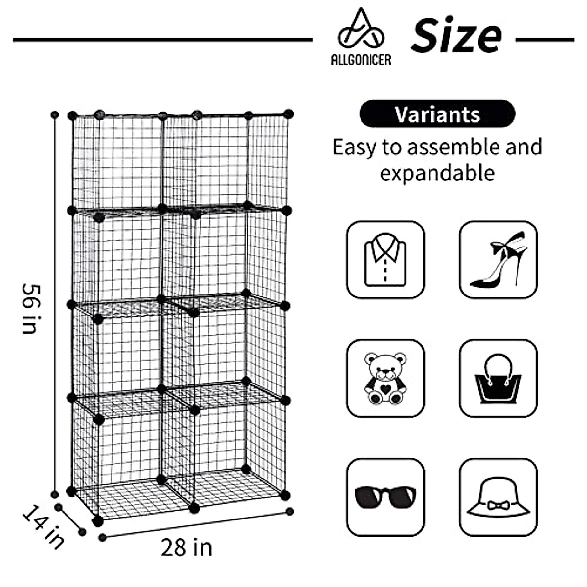 14"x14" Wire Grid Shelf Cubes, Patented Design, Sturdy and Long Last, Floor-Stand or Wall-Hang, Easy DIY Assembly (Black, 8Cubes)