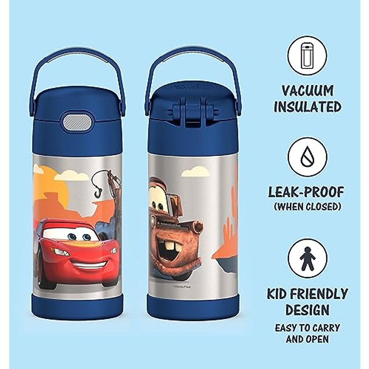 THERMOS FUNTAINER 12 Ounce Stainless Steel Vacuum Insulated Kids Straw Bottle, Cars