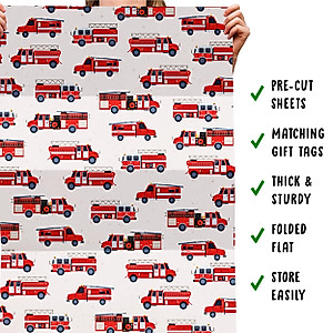 CENTRAL 23 Wrapping Paper For Boys - 6 Sheets Of Fun Birthday Gift Wrap - Fire Engine - Truck - Kids Wrapping Paper - Comes With Cute Stickers - Recyclable Christmas Wrapping Paper - Red White