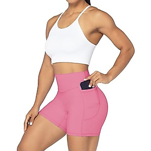 Sunzel No Front Seam Biker Shorts for Women with Pockets, Yoga Workout Gym Bike Shorts with Tummy Control 5" Bubblegum Pink Medium