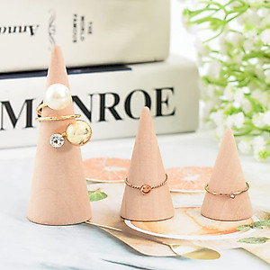 Luckforest Natural Wood Cones, 10Pcs 3 Different Sizes Wood Cone Rings Holder Jewelry Display Stand Vertical Shaped Unpainted Wooden Cones for Girls Women DIY Craft