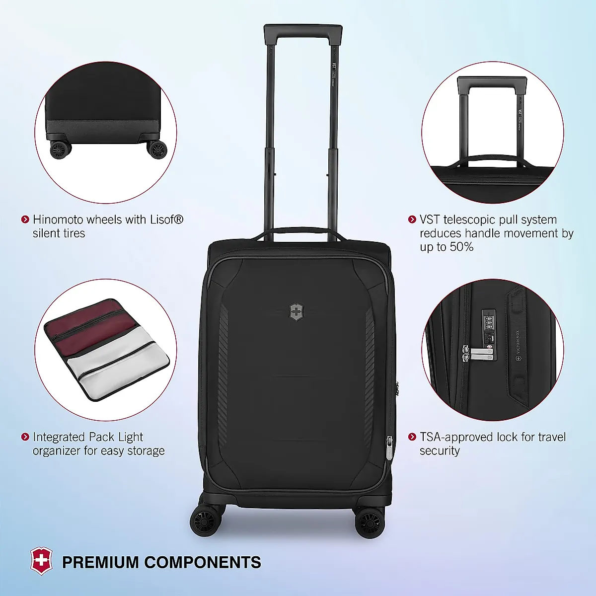 Victorinox Crosslight Frequent Flyer Plus Softside Carry-On - Lightweight Rolling Suitcase for Travel Essentials - Expandable Luggage with Foldable Organizer - 46 Liter, Black