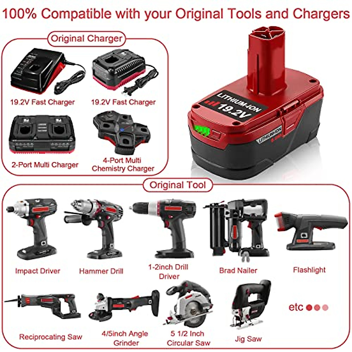 VANTTECH 2Pack Upgraded C3 19.2V 6.0Ah Lithium Battery Replace for Craftsman 19.2 Volt Battery DieHard C3 XCP 3130211004 130279005 11375 11045 1323903 315.115410 315.11485 315.PP2011 Cordless Battery