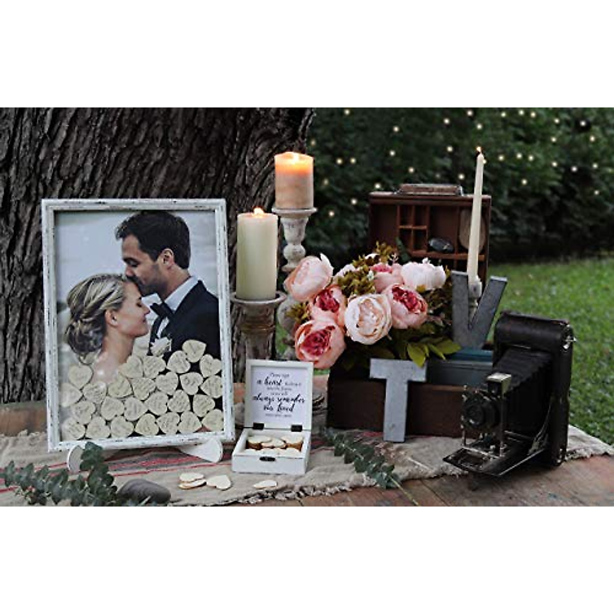 PMPX Wedding Guest Book Alternative Vintage Drop Top Frame with Stand, 90 Wood Hearts, Matching Box with Message Inside The Lid. Weddings, Bridal or Baby Shower, Anniversary, or Special Event.
