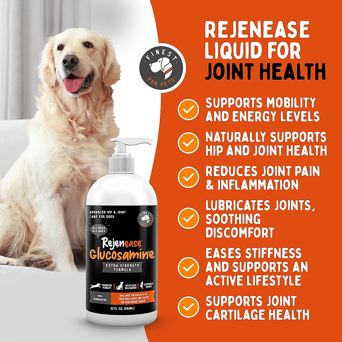 Liquid Glucosamine for Dogs with Chondroitin MSM - Rejenease Hip and Joint Supplement Supports Mobility, Arthritis & Pain Relief (32 oz)