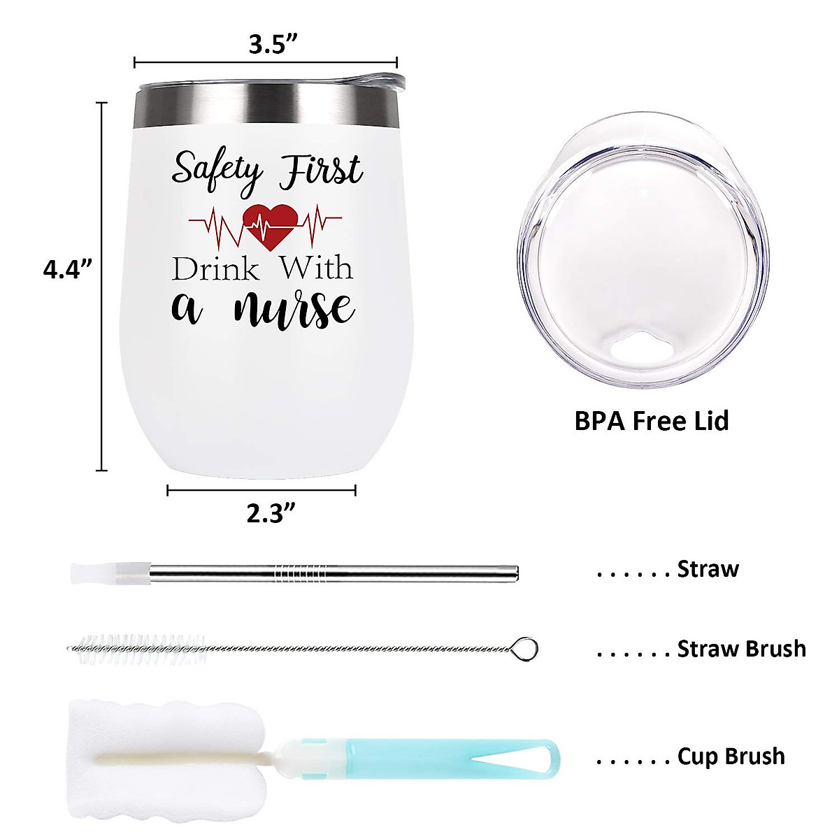 GINGPROUS Safety First Drink with a Nurse Wine Tumbler, Nurse Birthday Idea for Nurse New Nurse Doctor Nurse's Day, 12 Oz Funny Stainless Steel Stemless Wine Tumbler with Lid and Straw, White