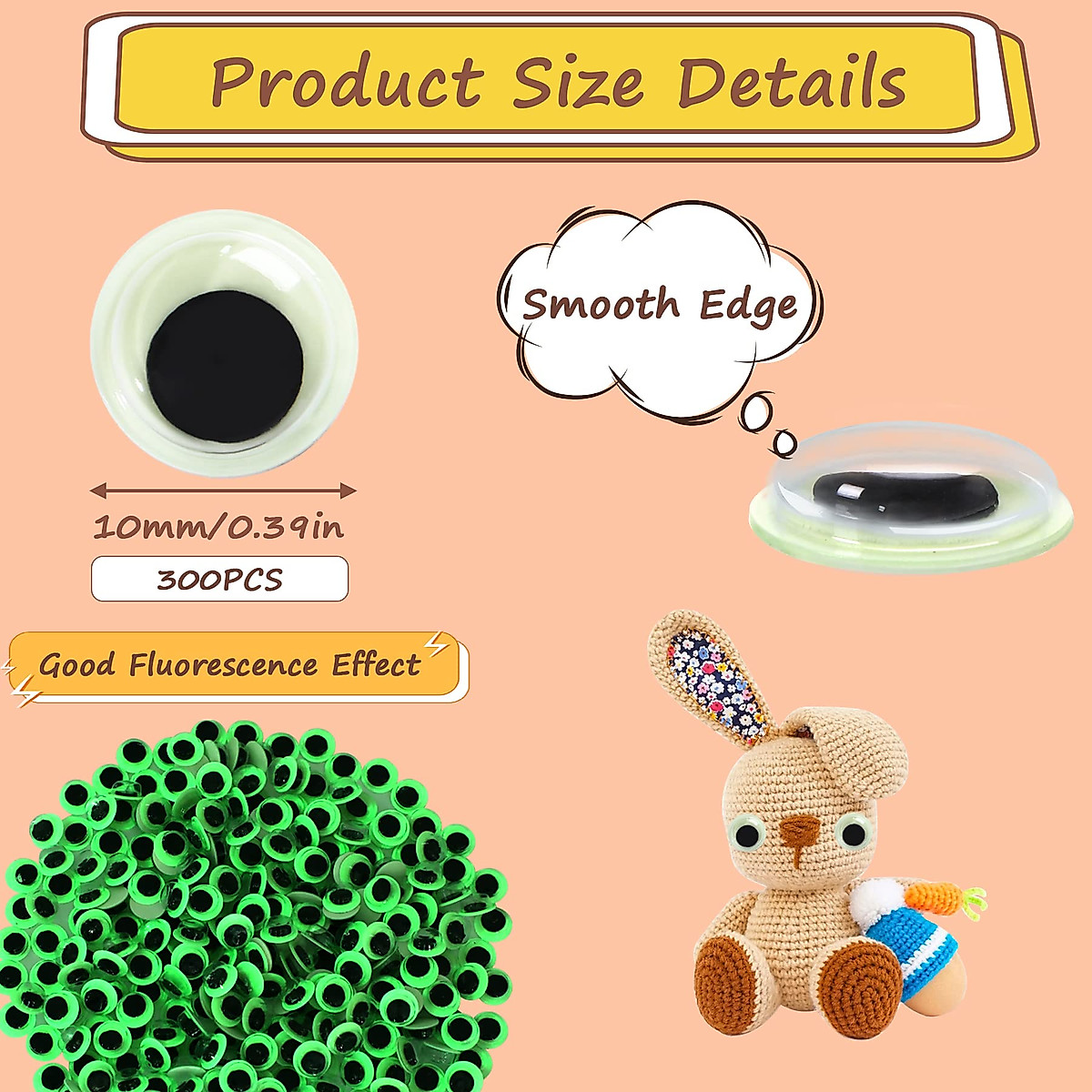 UPINS 300Pcs Googly Wiggle Eyes Self Adhesive, Glowing in Dark Eyes for Crafts Sticker 10 mm Sparkle Wiggle Eyes Suitable for Handicrafts DIY Halloween Christmas