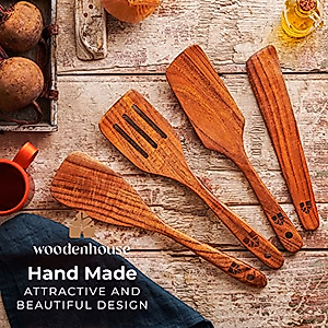 Wooden Spatula for Cooking, Kitchen Spatula Set of 4, Natural Teak Wooden Utensils including Wooden Paddle, Turner Spatula, Slotted Spatula and Wood Scraper. Nonstick cookware.
