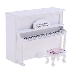 Dollhouse Grand Piano Model with Stool 1:12 Scale Miniature Musical Instrument Desk Ornaments Gift Wooden Elegant Mini House Decoration Artificial House Furniture Accessories (White)