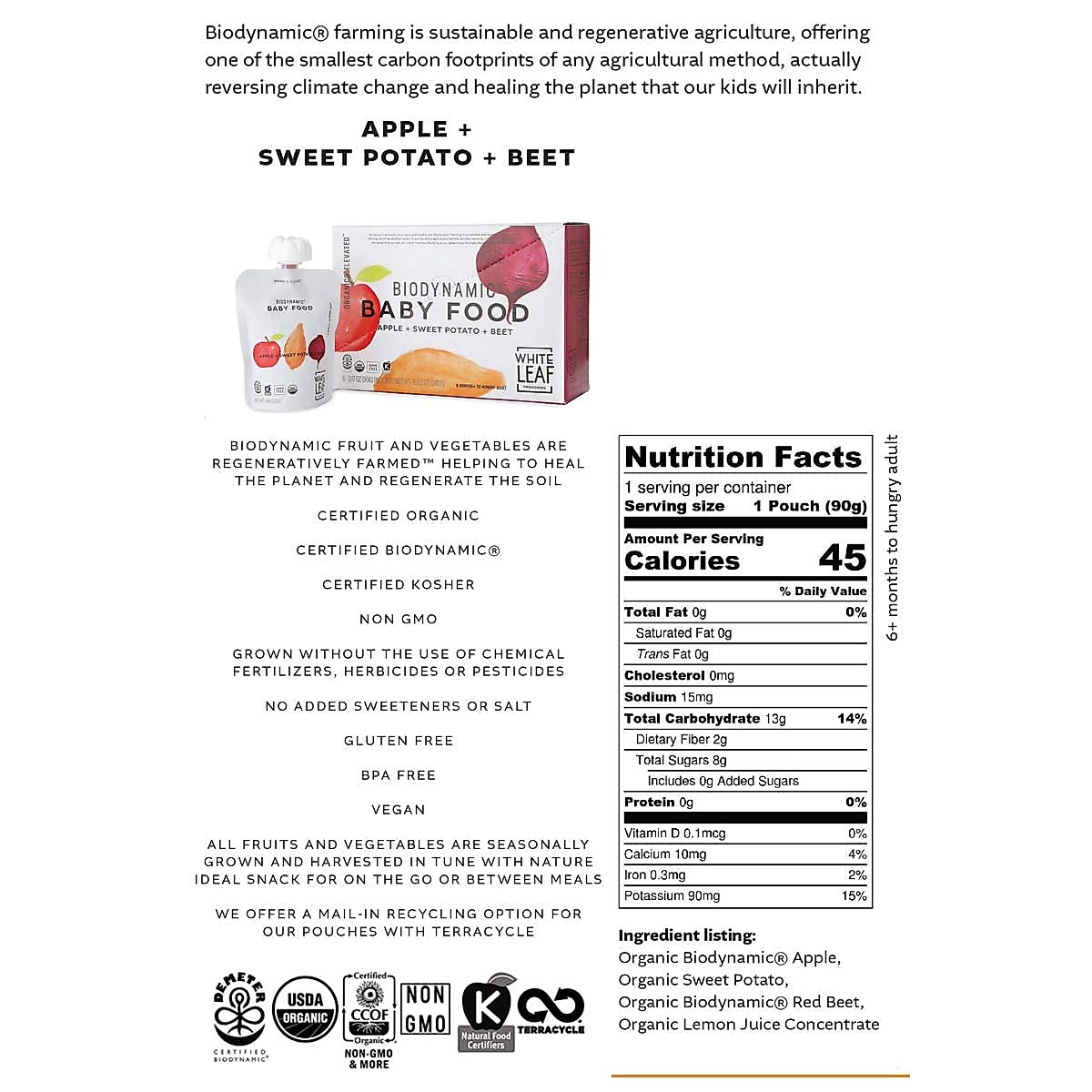 White Leaf Provisions Biodynamic & Organic Baby Food/Snacks — 12 x 3.17 Oz Apple, Sweet Potato & Beet Unsweetened Baby Puree Pouches — Squeezable Baby Food & Toddler Snack