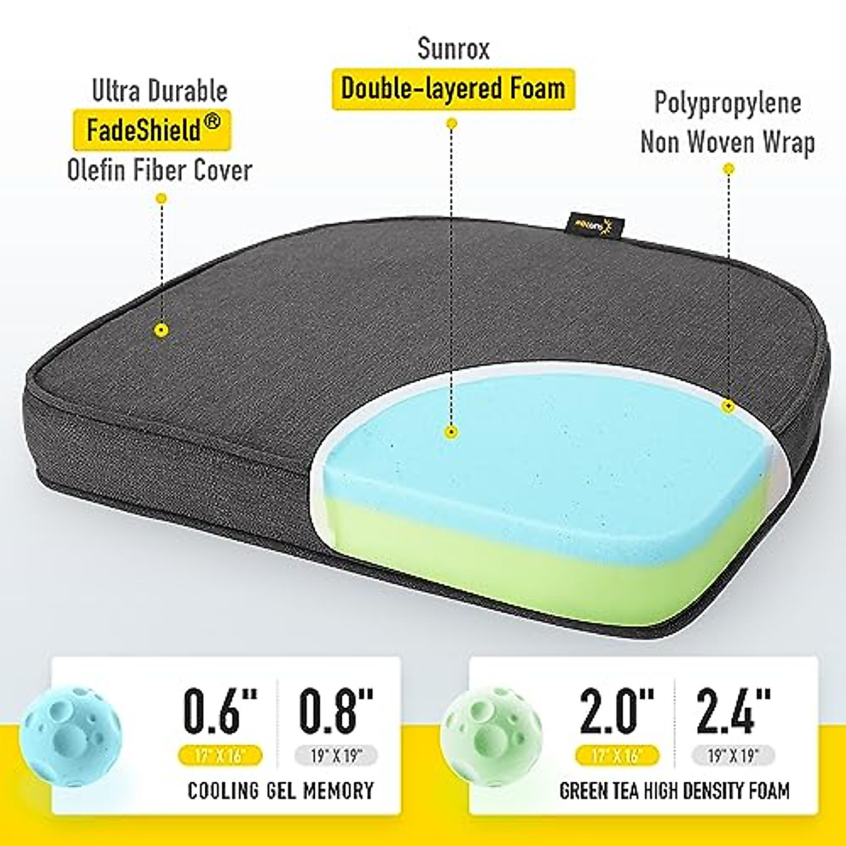 SUNROX Gel Memory Foam Chair Cushions, FadeShield Water-, Stain-Resistant Durable Reversible Seat Cushion Pads with Ties for Indoor/Outdoor Kitchen Dining Office 17"x16" Set of 4, Midnight