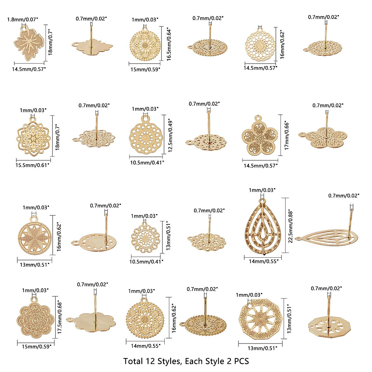 UNICRAFTALE 24pcs 12 Styles Golden Bohemian Stud Earring Findings Stainless Steel Ear Stud Component with Loop Butterfly Stoppers 0.7mm Pin Mixed Shapes Earring for Jewelry Making, Hole 1mm