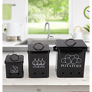 Potato Onion Kitchen Storage Canisters Jars Pots Containers 3 Pack Set - Potatoe, Garlic Bin Caddy, Long Shelf Life With Aerating Tin Storage Holes-Black