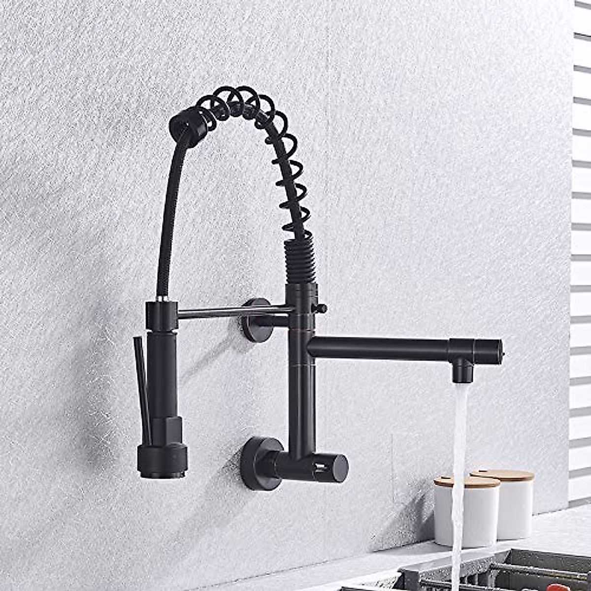 Kitchen Sink Faucet for Bar Farmhouse Commercial, Black/Chrome Brass Kitchen Faucet, Single Cold Water Vessel Sink Tap, Spring Dual Swivel Spouts Bathroom Faucets Wall Mounted Tap (Color : Black)