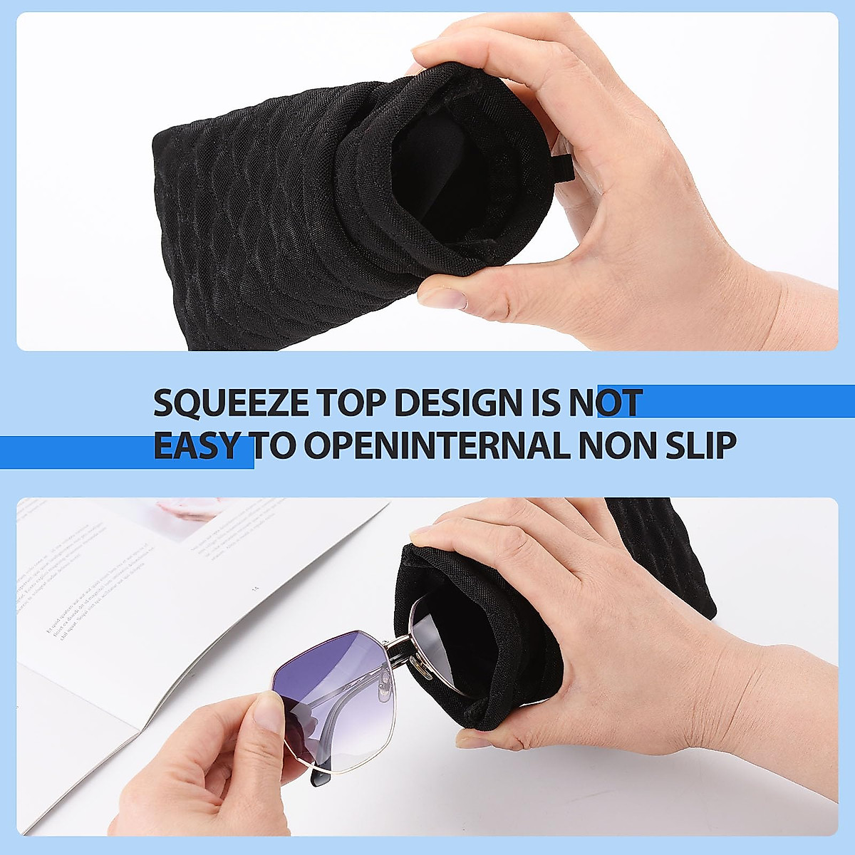 Anourney Large Double Eyeglasses Case, Squeeze Top Soft Glasses Pouch,Portable Sunglass Case with Cleaning Cloth for Women(Black)