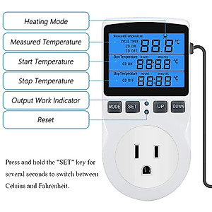 XIEHUZA Backlit Digital Temperature Controller, LCD Screen Heating Cooling Thermostat Outlet Socket with Sensor Timer Regulator for Reptile Incubator Greenhouse Brewing Refrigerator, 110V, 15A, ℉/℃