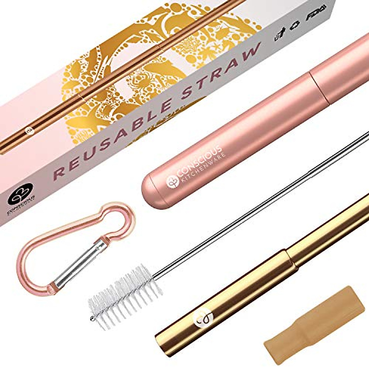 Conscious Kitchenware Reusable Metal Straws With Case - Portable And Collapsible Drinking Straw. Telescopic Stainless Steel Straw with Aluminium Travel Case and Cleaning Brush (Rose Gold)