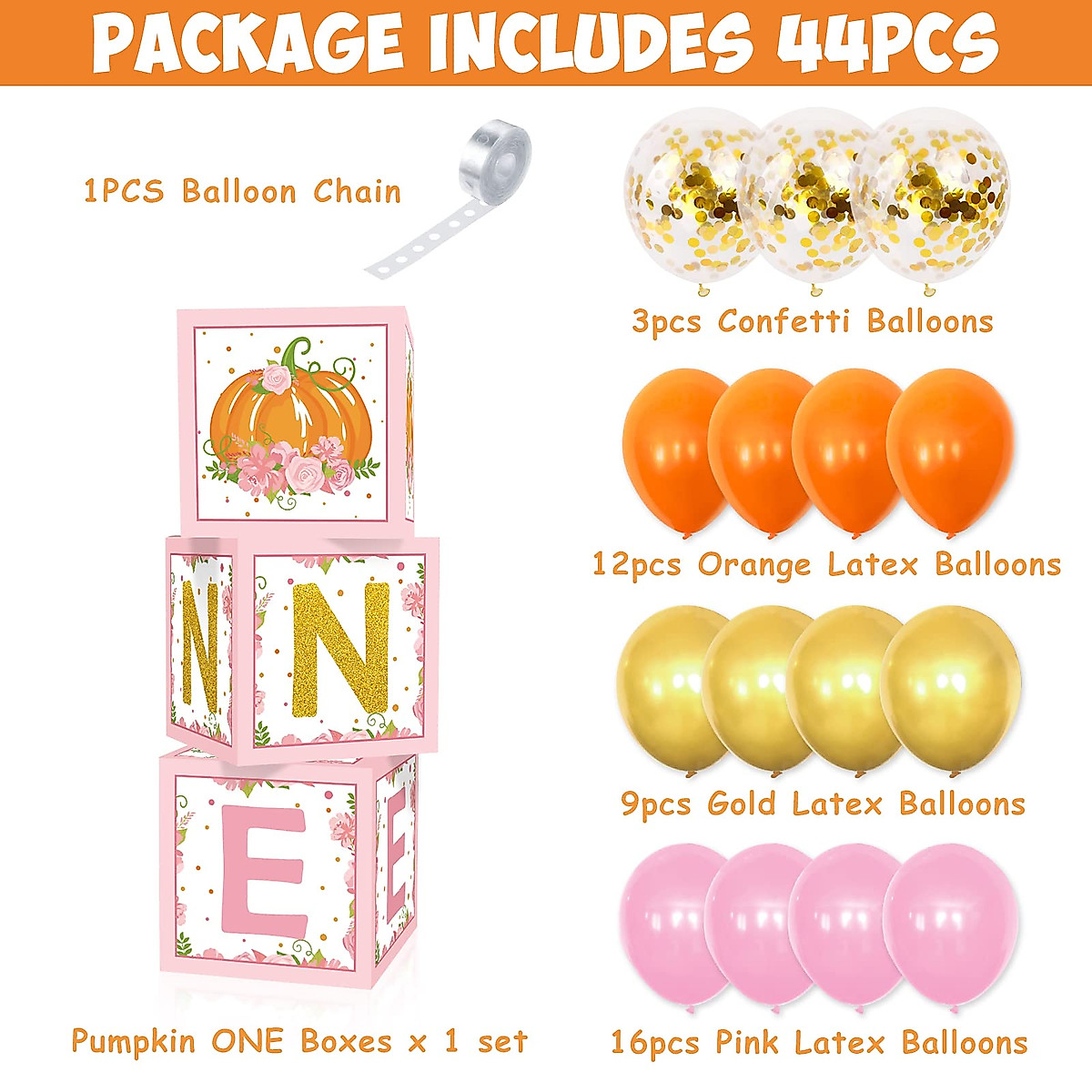 Fall Pumpkin First Birthday Balloon Boxes One Box Blocks Decorations Thanksgiving Birthday Cake Smash Party Photo Props Backdrop (Pink)