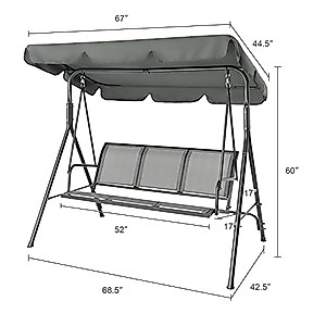 VINGLI Heavy Duty 550 LBS Upgraded 3 Person Outdoor Porch Swing with Stand, Adjustable Canopy Swing with Textilene Fabric & Steel Frame for Yard, Pool, Lawn, Indoors (Grey)